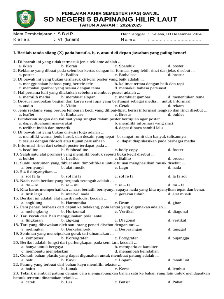 SOAL SBdP Kelas VI Semester I TA 2024 | PDF