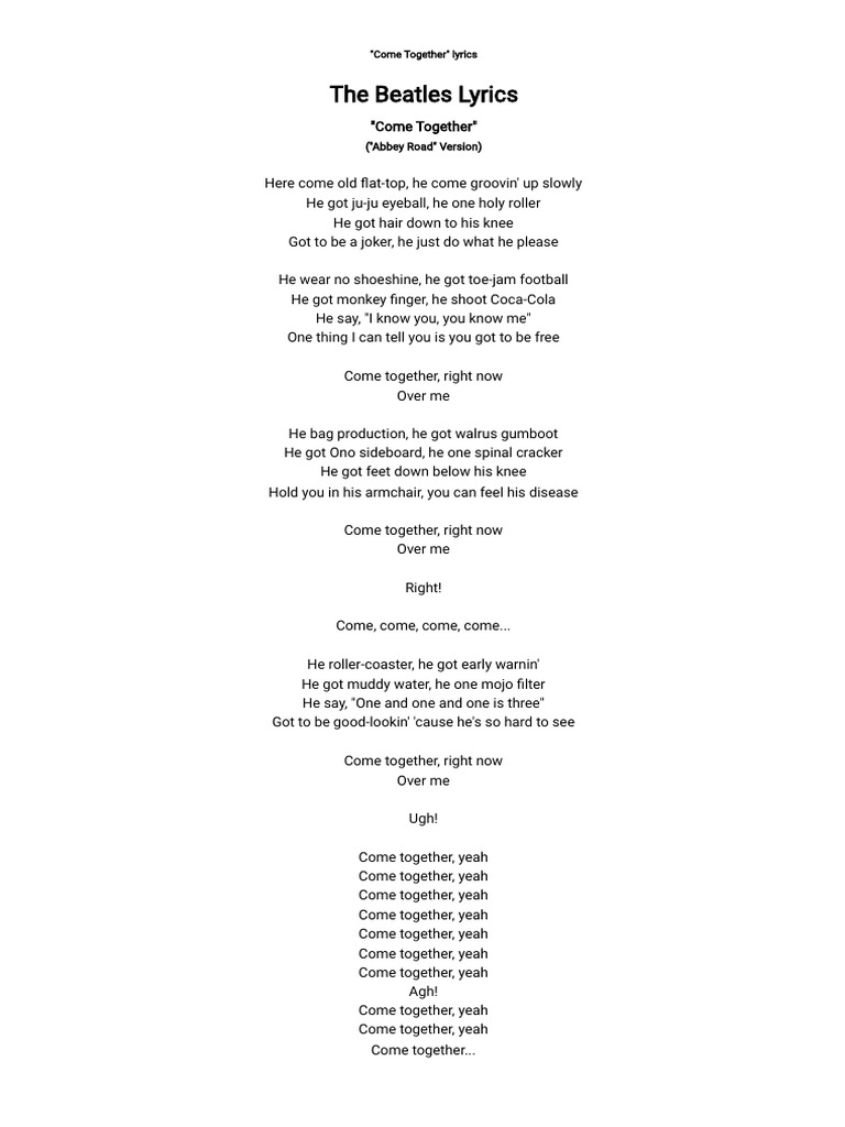 The Beatles - Come Together Lyrics | PDF