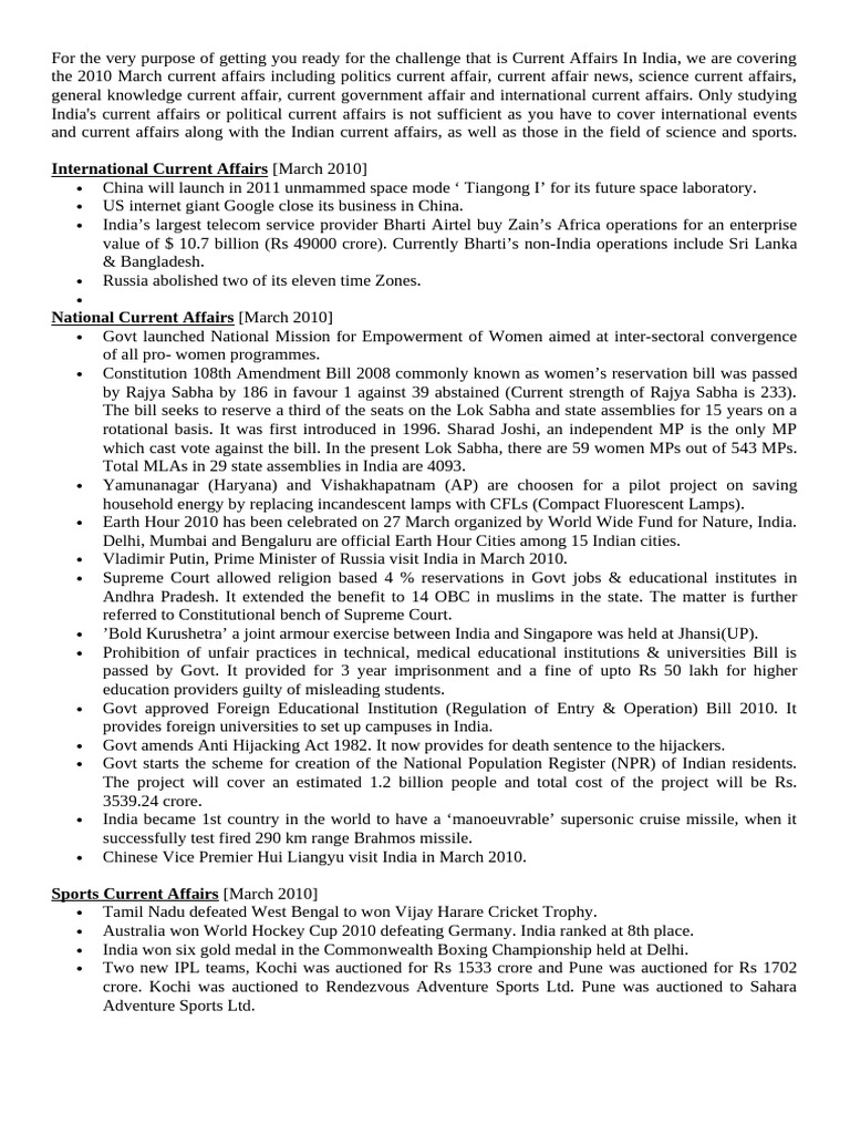 Current Affairs March 2010 | PDF | Compact Fluorescent Lamp