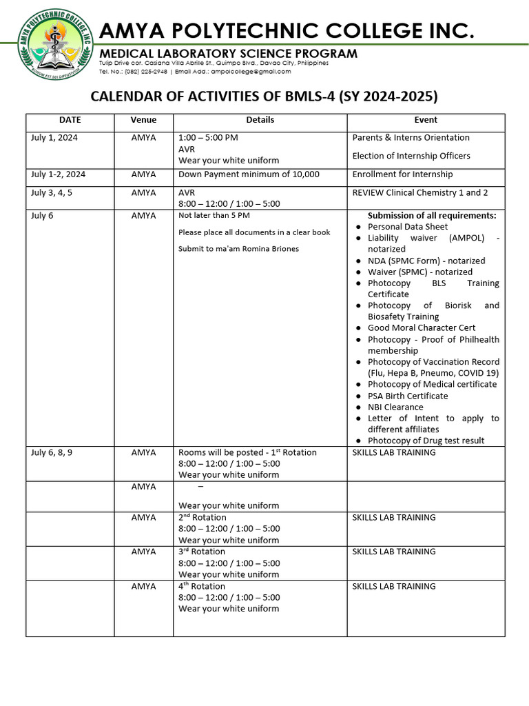 Final Calendar of Activities of Mls Internship 2024 2025 1 | PDF ...