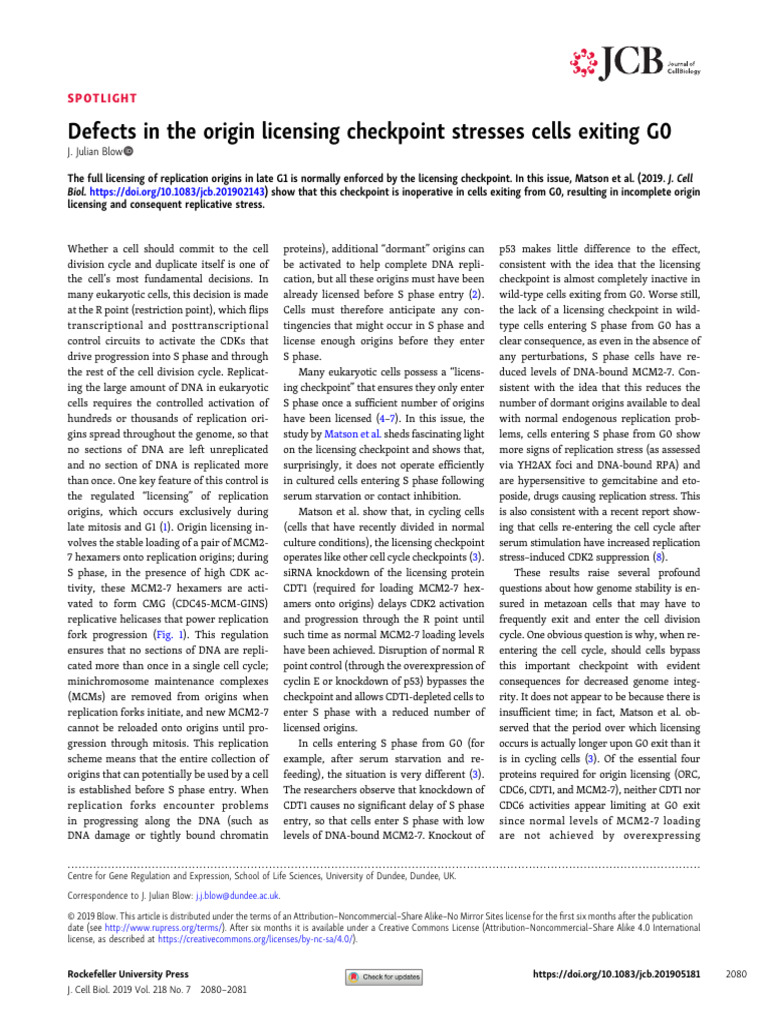 Defects in The Origin Licensing Checkpoint Stresses Cells Exiting G0 ...