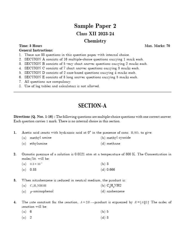 CBSE Class 12 Chemistry Sample Paper 2 | PDF | Glucose | Starch