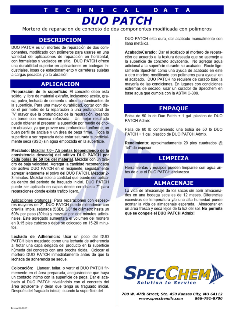 Duo Patch Tech Sheet SP | PDF | Hormigón | Mortero (Albañilería)