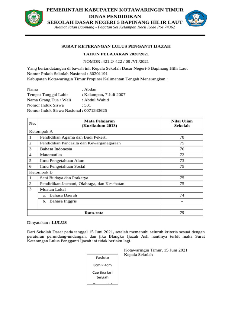 Surat Keterangan Lulus SD 2021 | PDF
