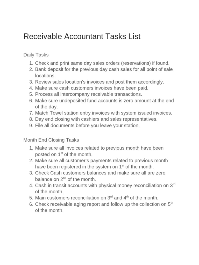 Receivable Accountant Tasks List | PDF