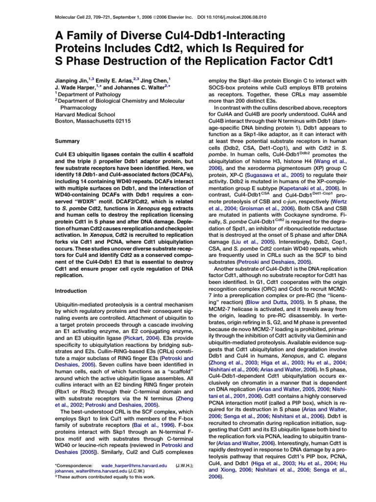 A Family of Diverse Cul4-Ddb1-Interacting Proteins Includes Cdt2 | PDF ...