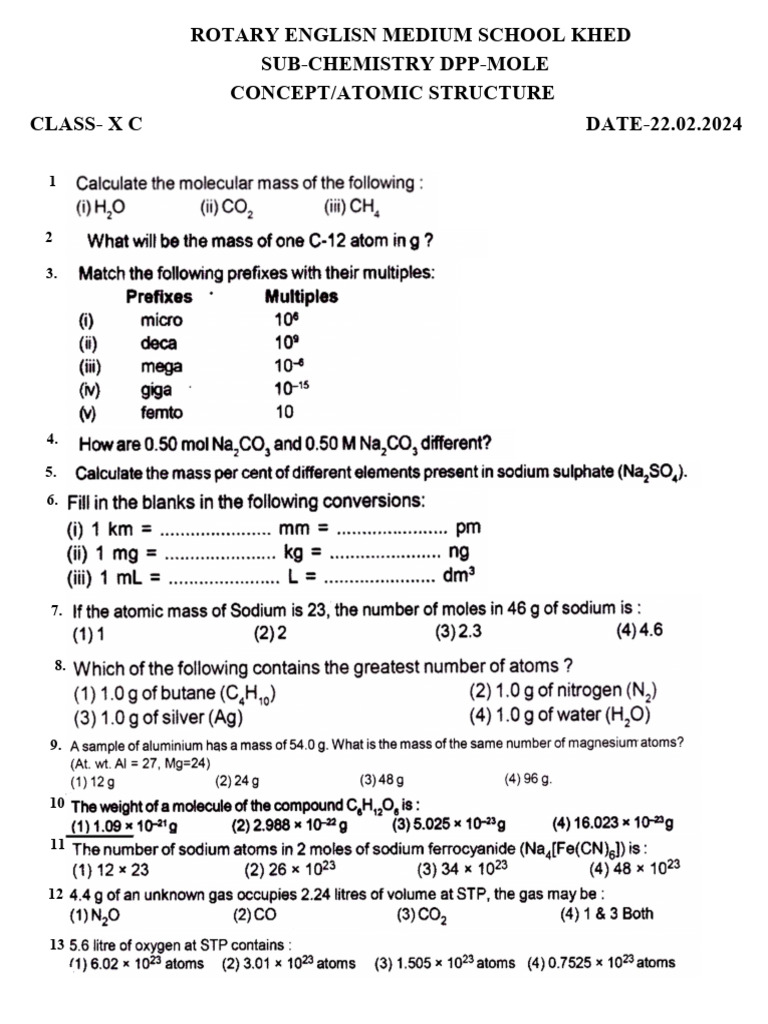 Mole Concept And Atomic Structure Dpp Pdf