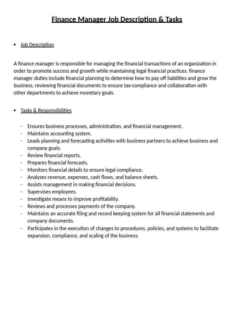 Finance Manager Job Description | PDF