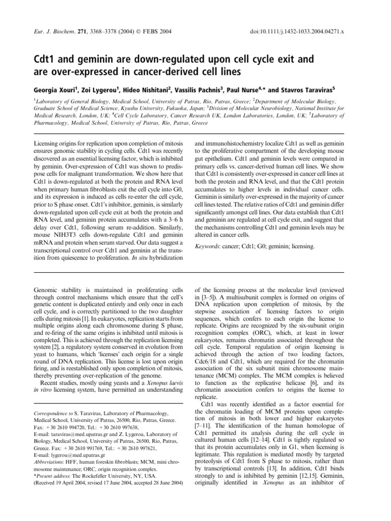 Cdt1 and geminin are down-regulated upon cell cycle exit and are over ...