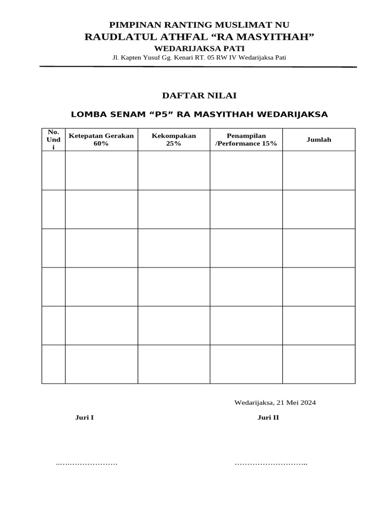 DAFTAR NILAI Kriteria Lomba Senam P5 Masyithah | PDF