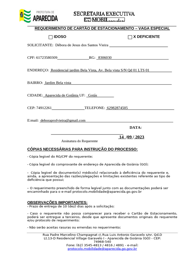 Formulario de Requerimento Cartao Estacionamento AP | PDF