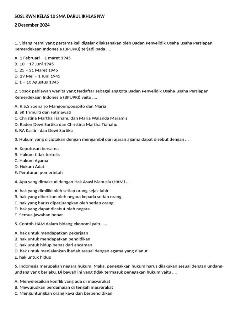 soal KWN Kelas 1 SMA | PDF