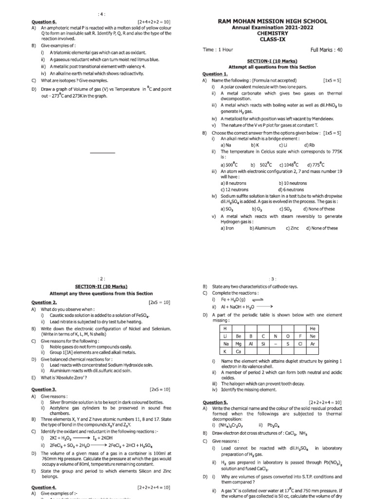 Chemistry (IX) (40 Marks) (2nd PR Final) | PDF