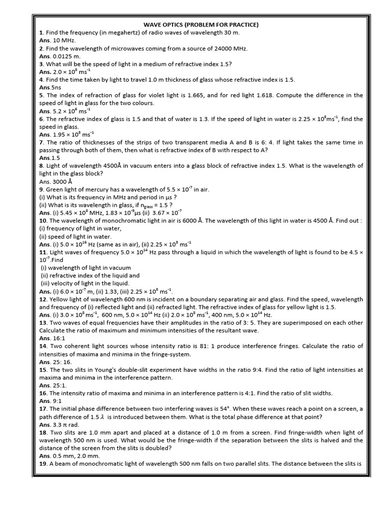 10.WAVE OPTICS (Problem For Practice) | PDF | Diffraction | Wavelength