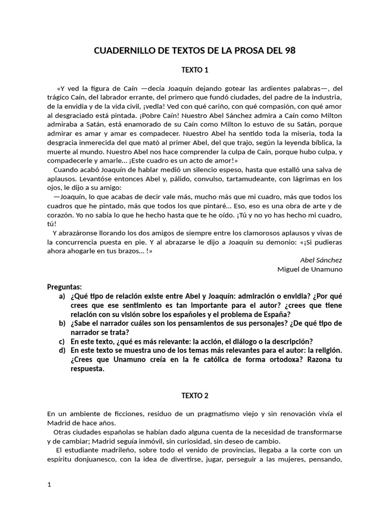 CUADERNILLO DE TEXTOS DE LA PROSA DEL 98 | PDF | Don Quijote | Amor