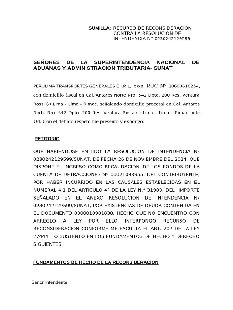 Recurso de Reconsideracion Sunat | PDF