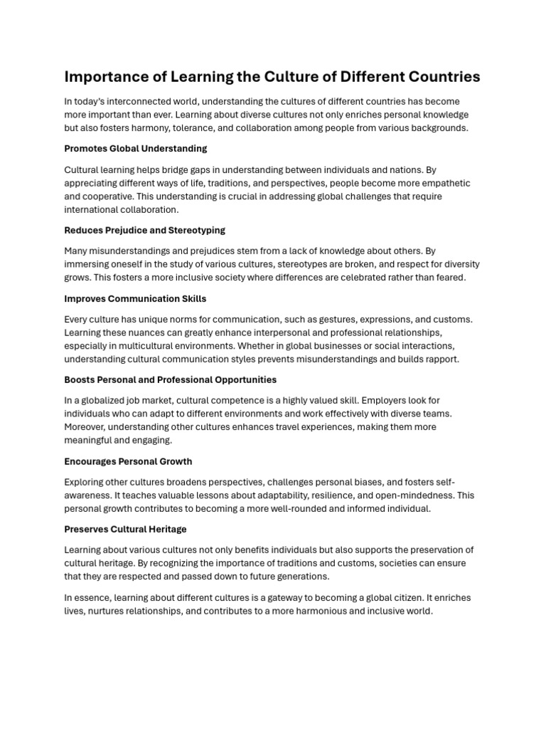Importance of Learning The Culture of Different Countries | PDF ...