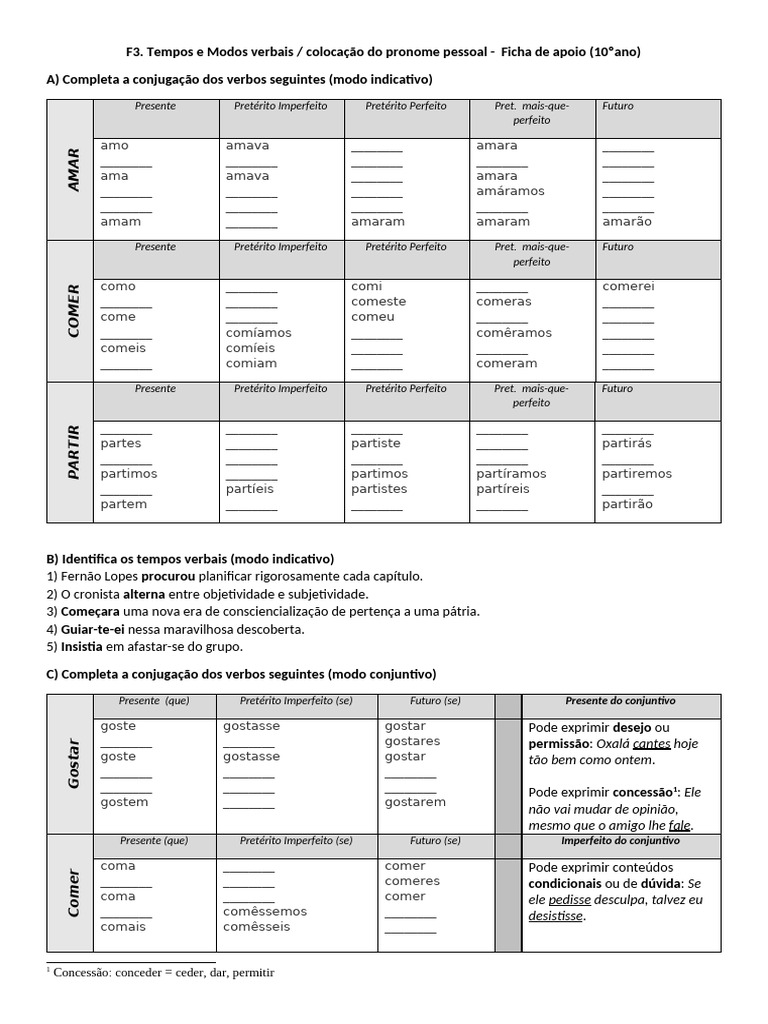 F3. Tempos e Modos Verbais - Colocação Do Pronome | PDF | Morfologia ...