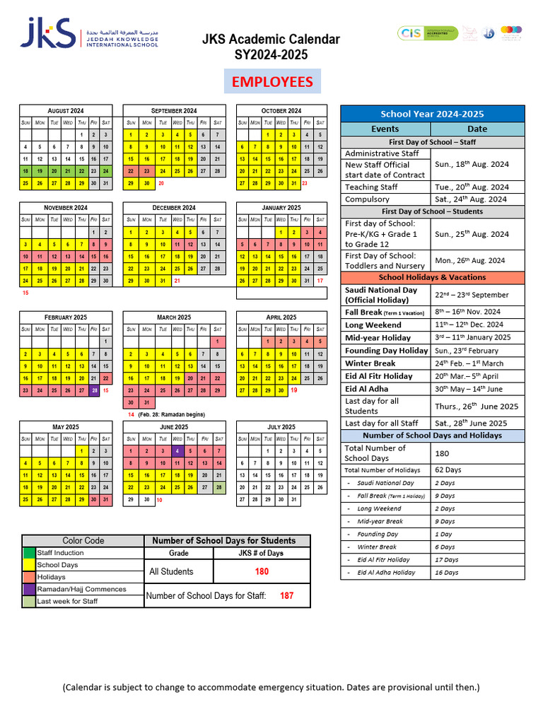 JKS Academic Calendar 2024-2025 | PDF