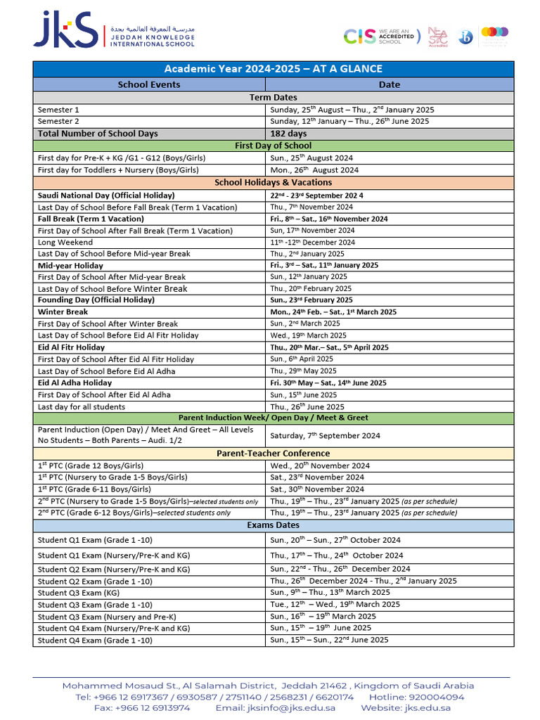 Academic Year 2024-2025 - AT A GLANCE For Portal - Sunday - July 26 | PDF