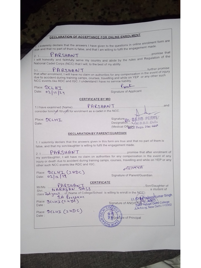 Parshant NCC Declaration of Acceptance For Online Enrolment | PDF