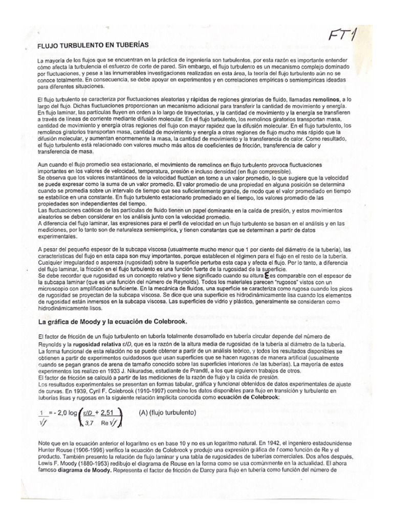 FLUJO TURBULENTO EN TUBERÍAS 3er Corte | PDF