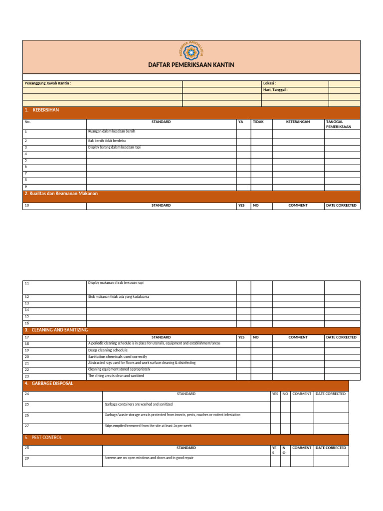 Canteen Inspection Checklist | PDF | Refrigerator | Engineering Thermodynamics