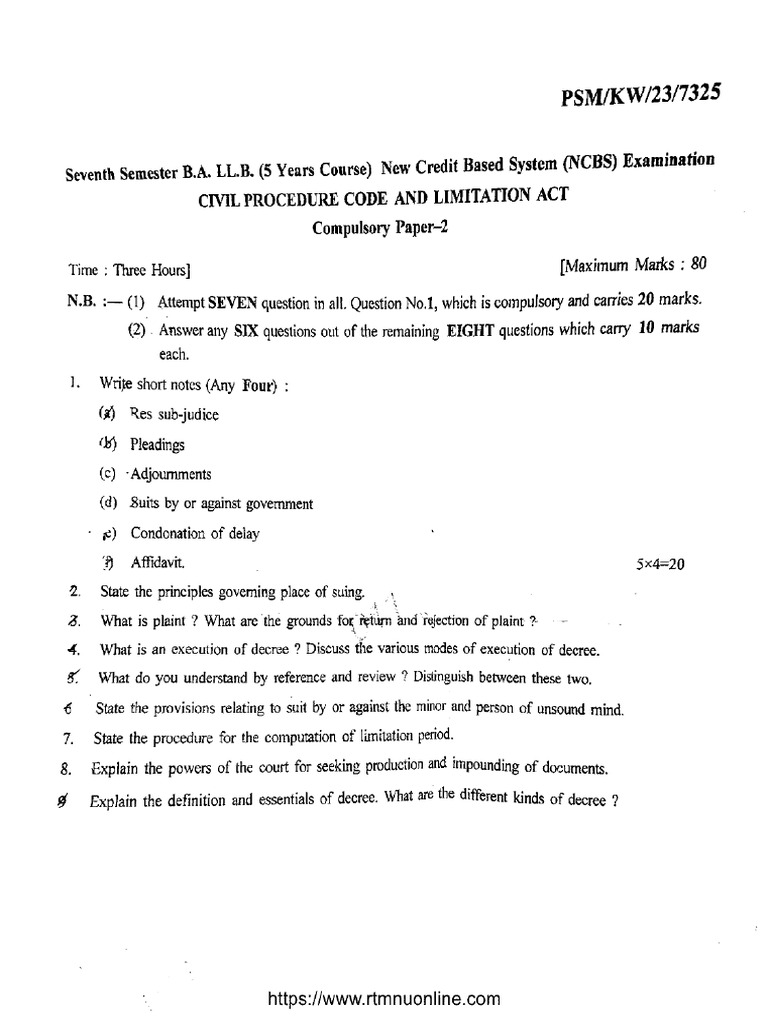 Ballb 7 Sem Civil Procedure Code and Limitation Act 7325 Winter 2023 | PDF