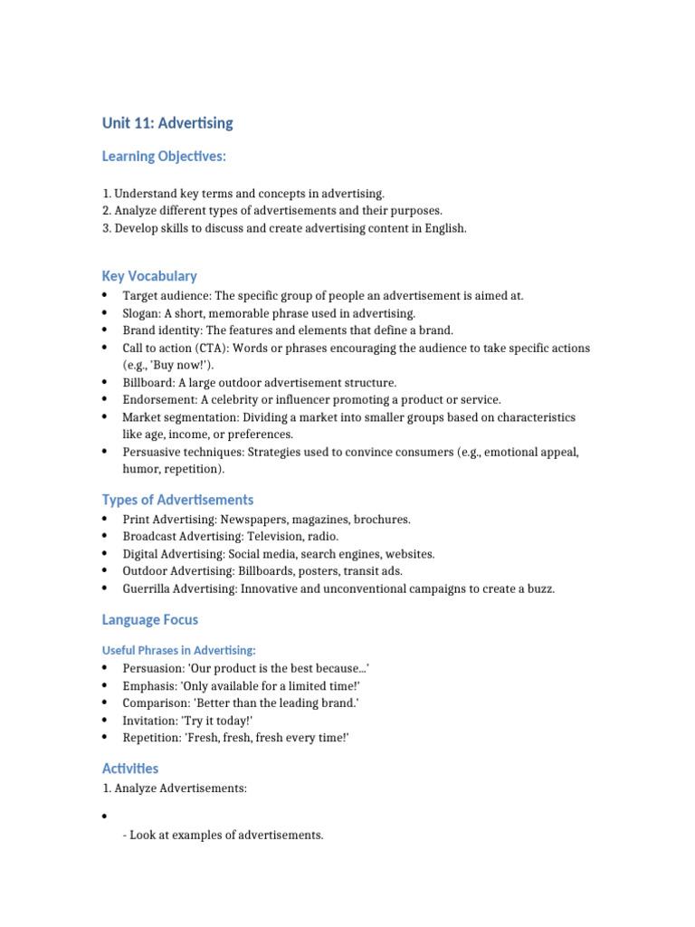 Unit 11 Advertising | PDF