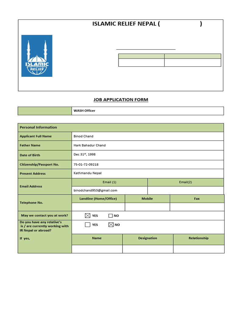Job Application Form Islamic Relief - Binod Chand | PDF | Fluency | Infrastructure