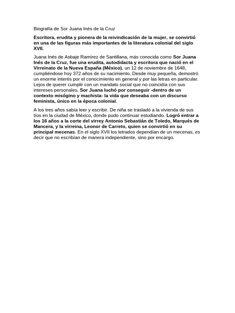 Biografía de Sor Juana Inés de la Cruz | PDF