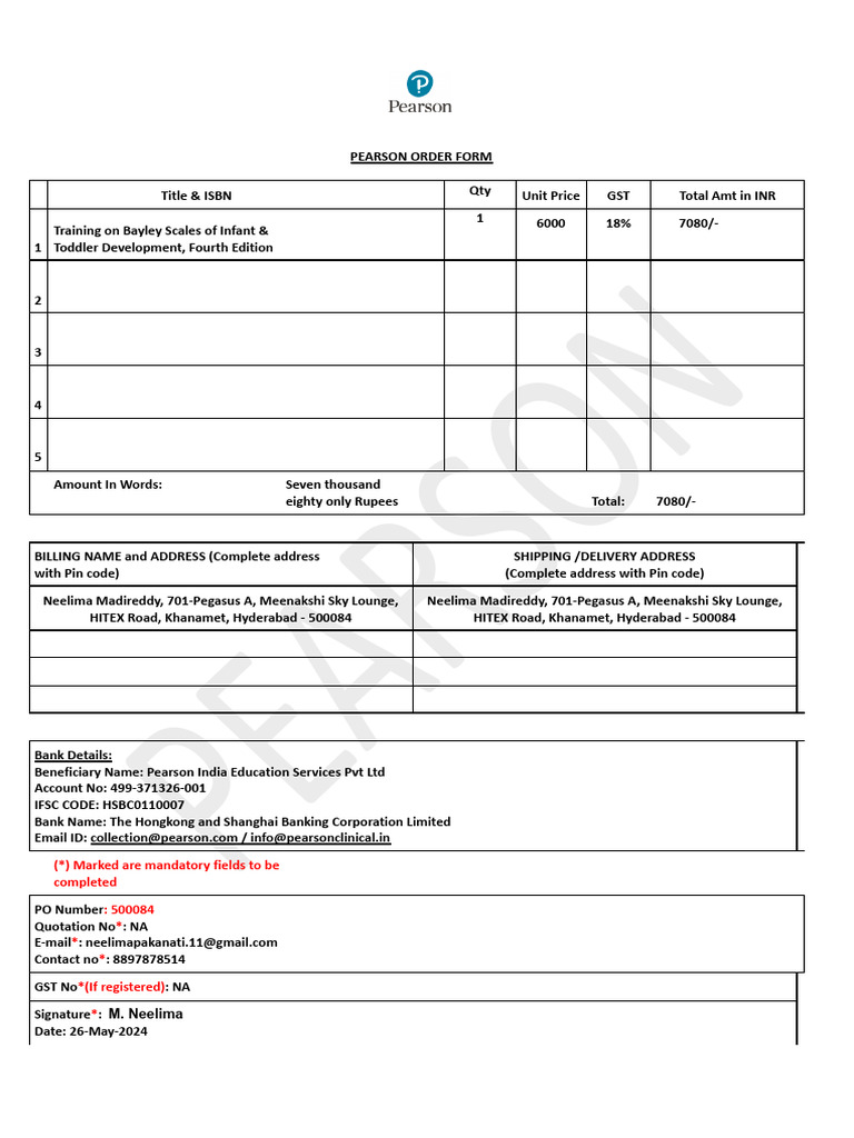 Pearson New Account Creation Form - Dr. Neelima M | PDF