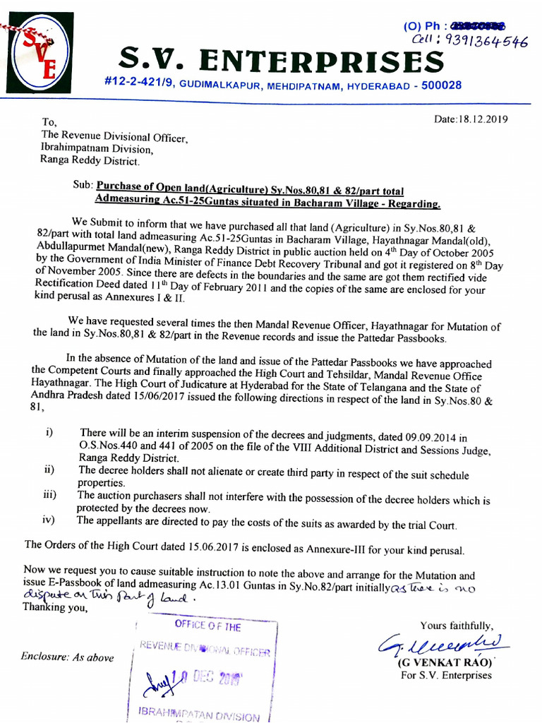 Bacharam Land Letters to RDO&Tehasildar | PDF