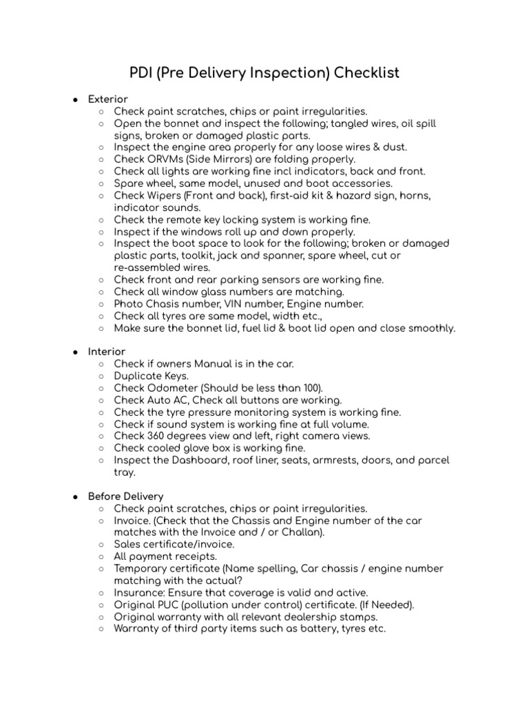 PDI - Checklist | PDF | Automotive Technologies | Car