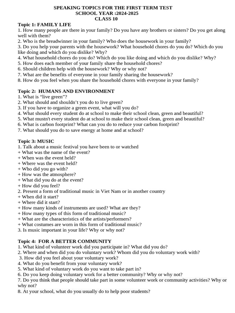 Class 10 Speaking Topics 2024-2025 | PDF | Volunteering