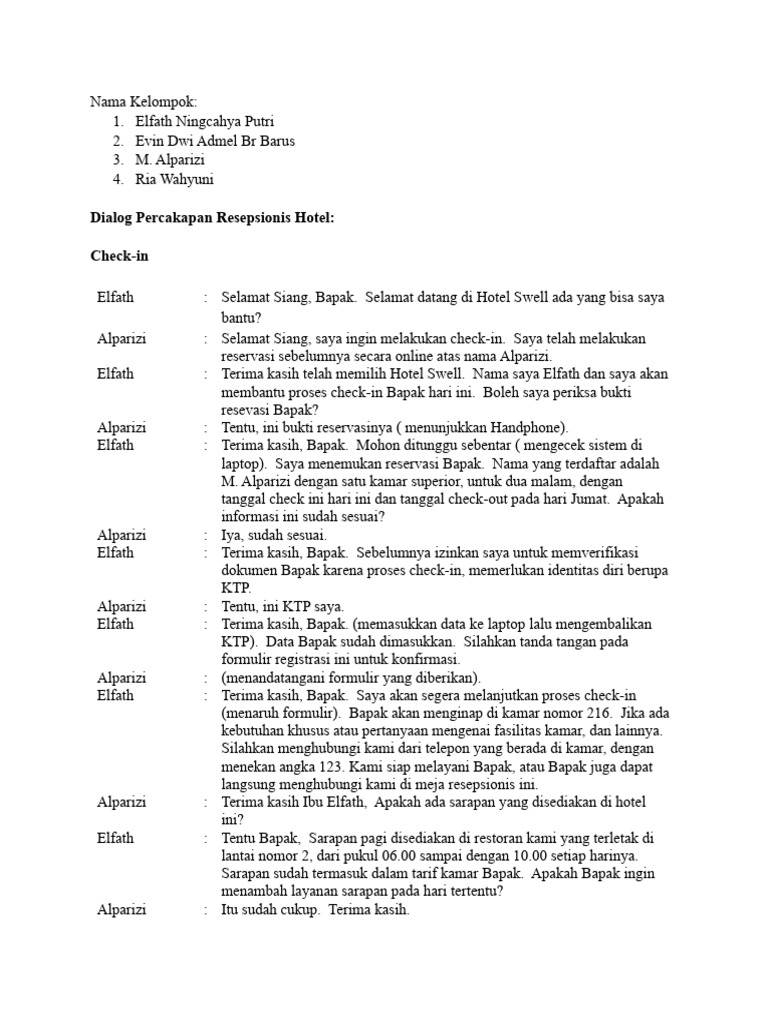 Dialog Resepsionis Hotel dalam Bahasa Indonesia | PDF
