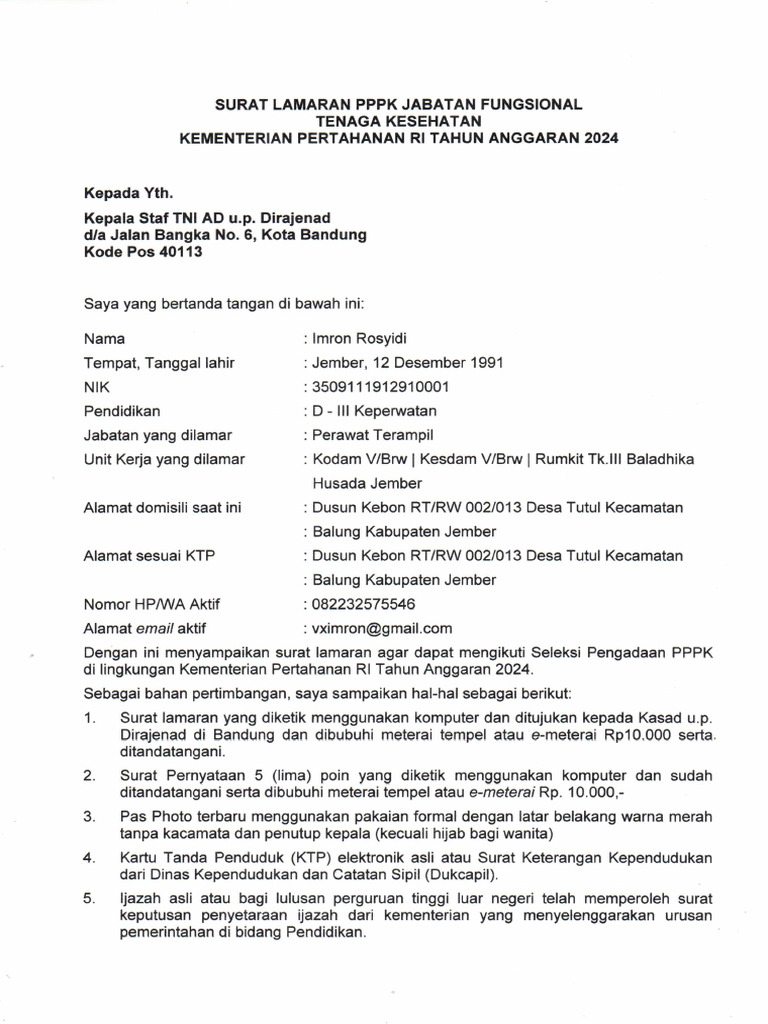 Surat Lamaran - Imron Rosyidi Materai | PDF