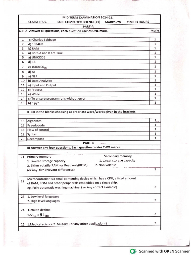 I PUC CSC Midterm Scheme of Valuation | PDF