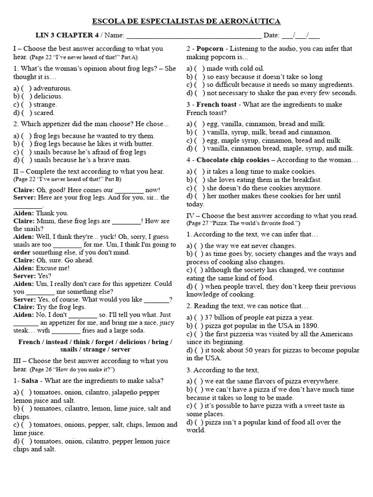 Lin 3 Chapter 4 Extra Practice | PDF | Pizza | Asian Cuisine