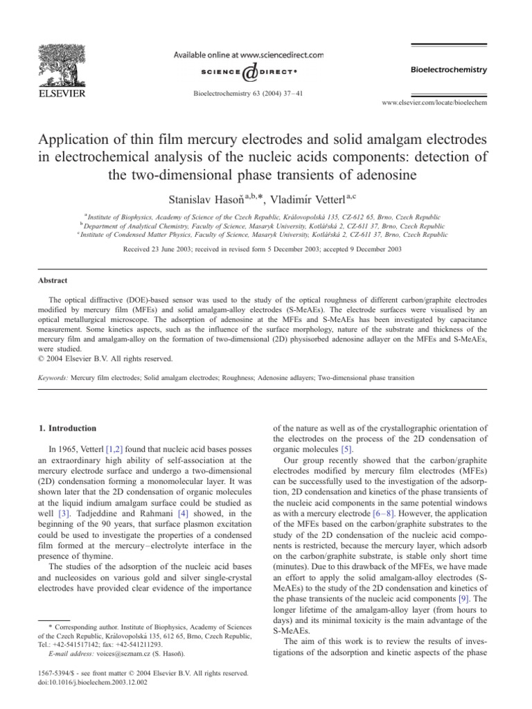 Mercury and Amalgam Electrodes in Adenosine Analysis | PDF | Adsorption ...