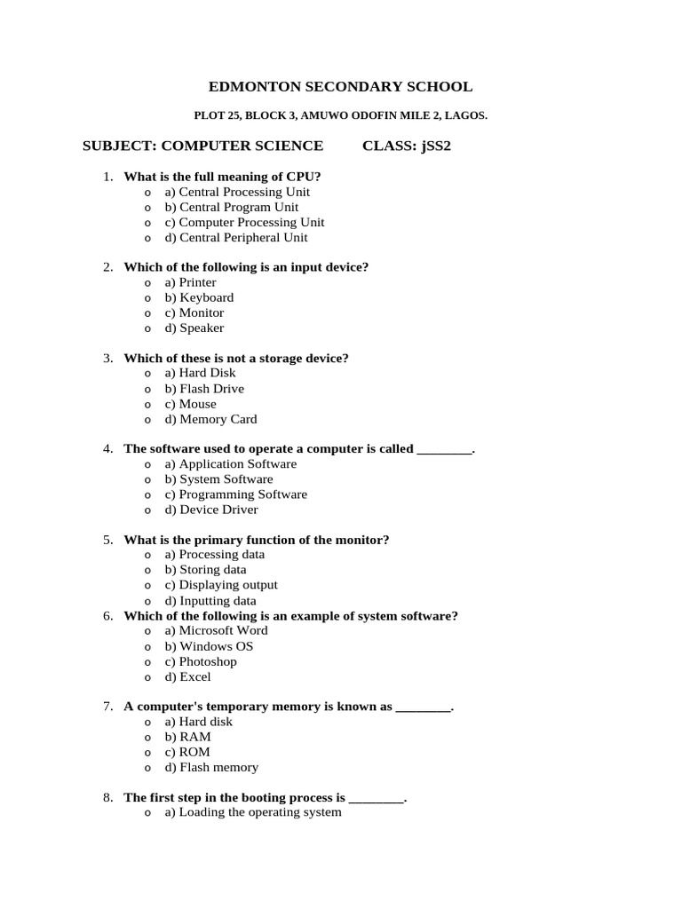 50 Multiple Choice Questions On JSS2 Computer | PDF | Computer Data Storage | Operating System