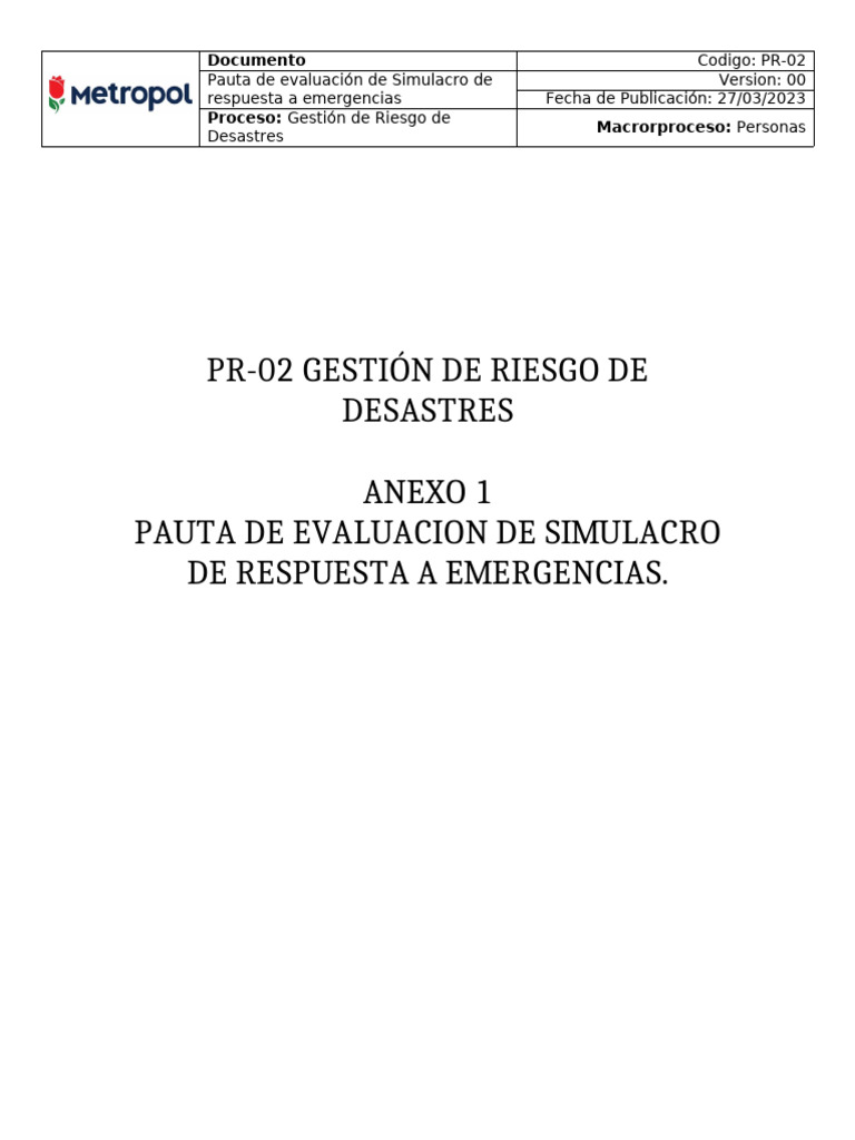PR02 - Anexo 4 Pauta de Evaluación de Simulacro de Respuesta A Emergencia | PDF | Simulación