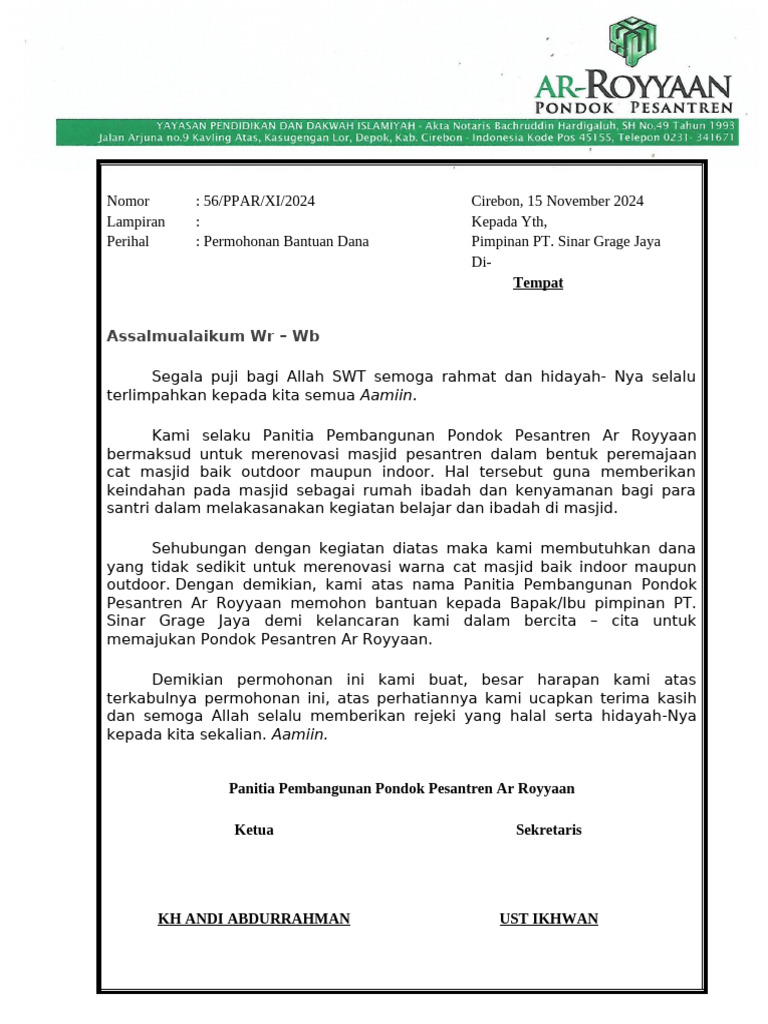 Permohonan Dana Renovasi Masjid Pesantren | PDF