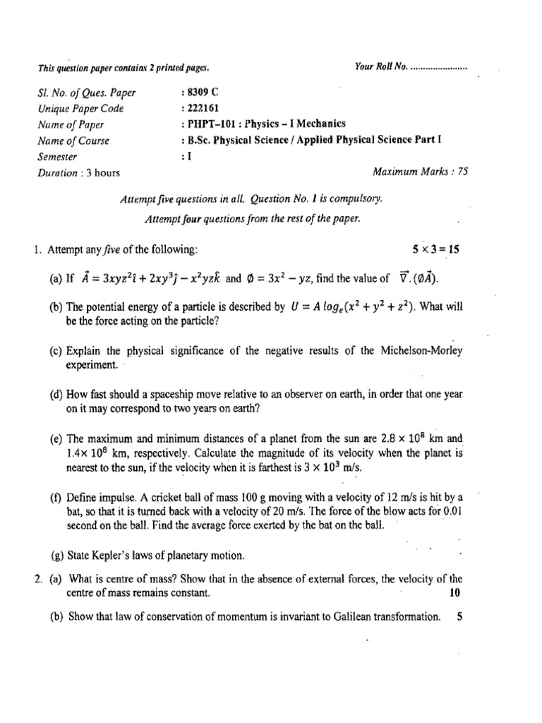 BSC Physical Science Applied Physical Science Part I Mechanics | PDF
