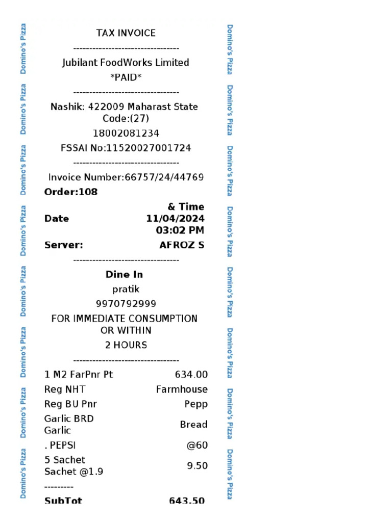 Food Bill 04 Nov 2024 | PDF