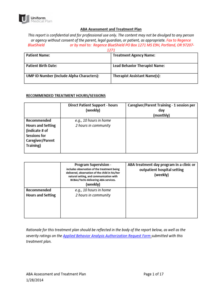 ABA Assessment and Treatment Plan | PDF | Psychotherapy | Goal