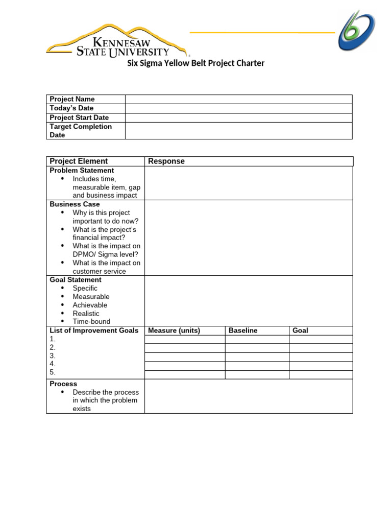 Six Sigma Yellow Belt Project Charter Template | PDF