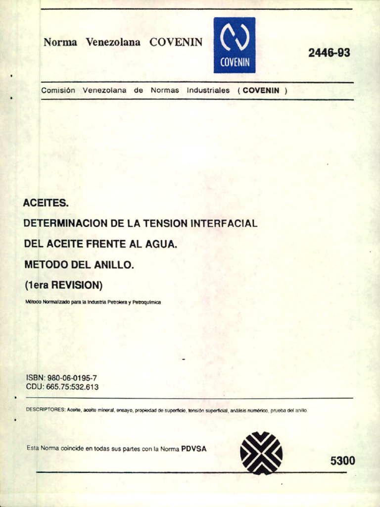 Covenin Determinación de La Tensión Superficial b2446-93 Metodo Del ...