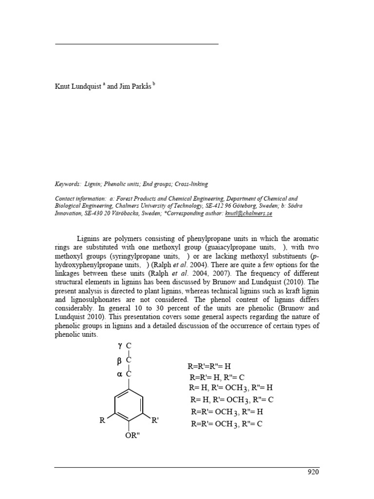 BioRes 06 2 0920 Lundquist Parkas Distrib Phenolic Units in Lignins 1427 | PDF | Lignin | Ether