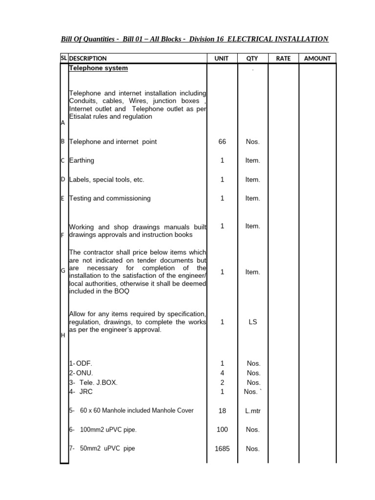 Telephone BOQ | PDF | Electrical Wiring | Electrical Engineering